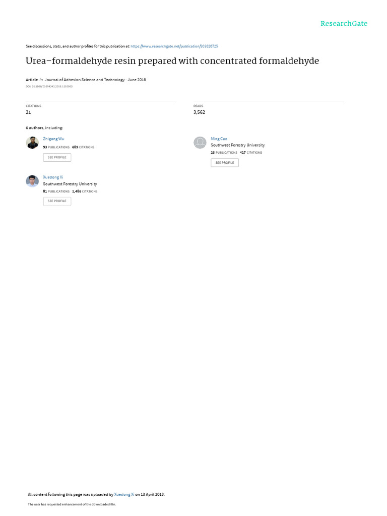 Urea-Formaldehyde Resin Prepared With Concentrated Formaldehyde | PDF ...