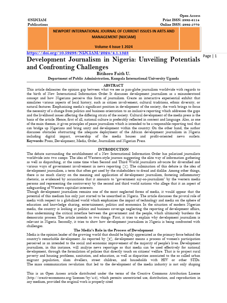 Development Journalism in Nigeria Unveiling Potentials and Confronting ...