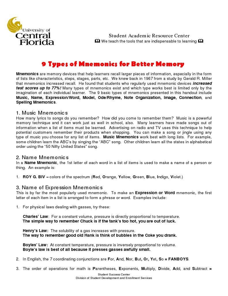 9 Types Mnemonics | PDF | Mnemonic | Recall (Memory)