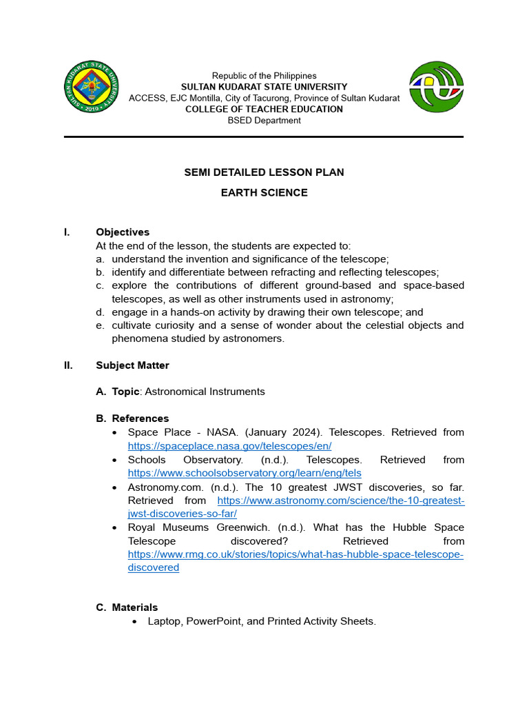 Astronomical Instruments Semi Detailed Lesson Plan Final Dasalla | PDF ...