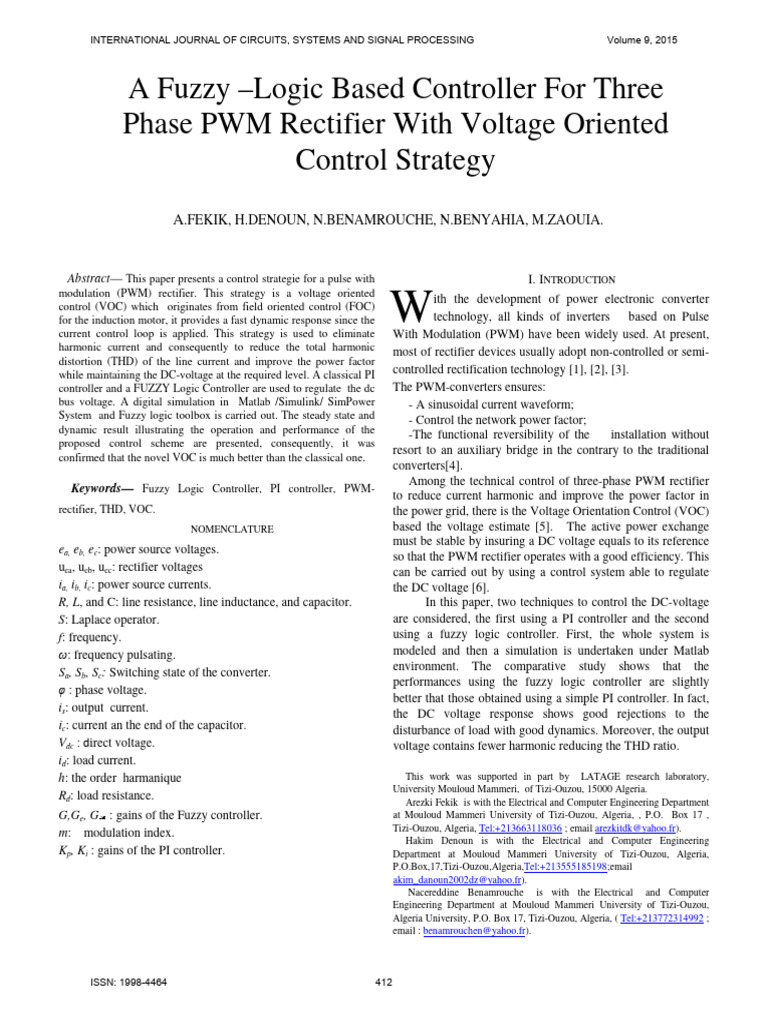A Fuzzy Logic Based Controller For Three Phase Pwm Rectifier With Voltage Oriented Control