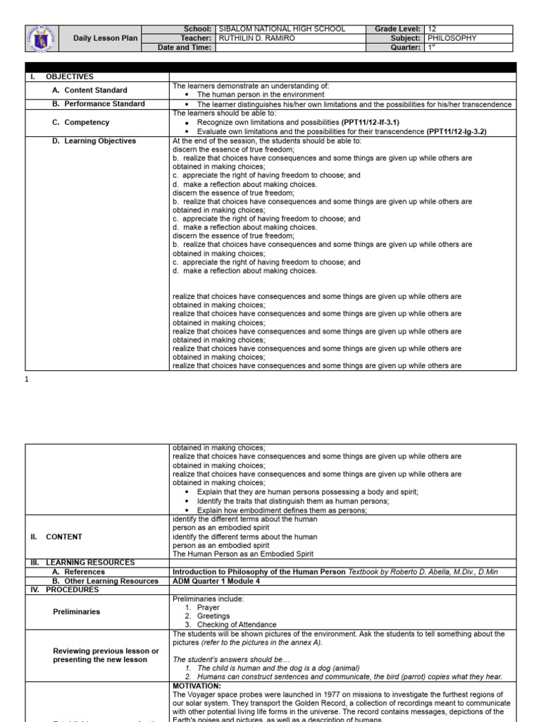 Lessson Plan 9n Grade 12 - Module 4 | PDF | Awareness | Embodied Cognition