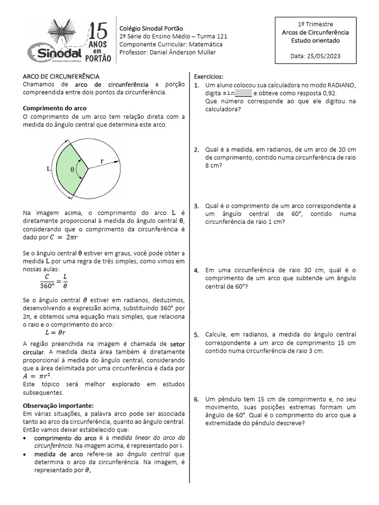 121 - Trigonometria - Arcos de Circunferência - Estudo Orientado | PDF | Curva | Círculo