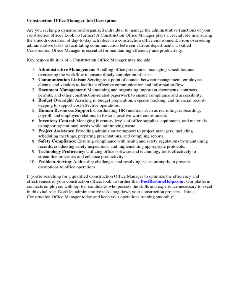 Construction Office Manager Job Description for Resume | PDF | General ...