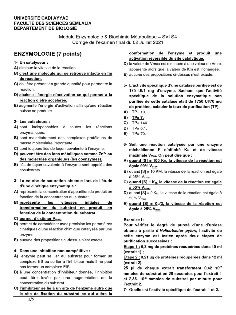 Corrigé Examen Enzymologie & Biochimie 2021 | PDF | Enzyme | Inhibiteur enzymatique