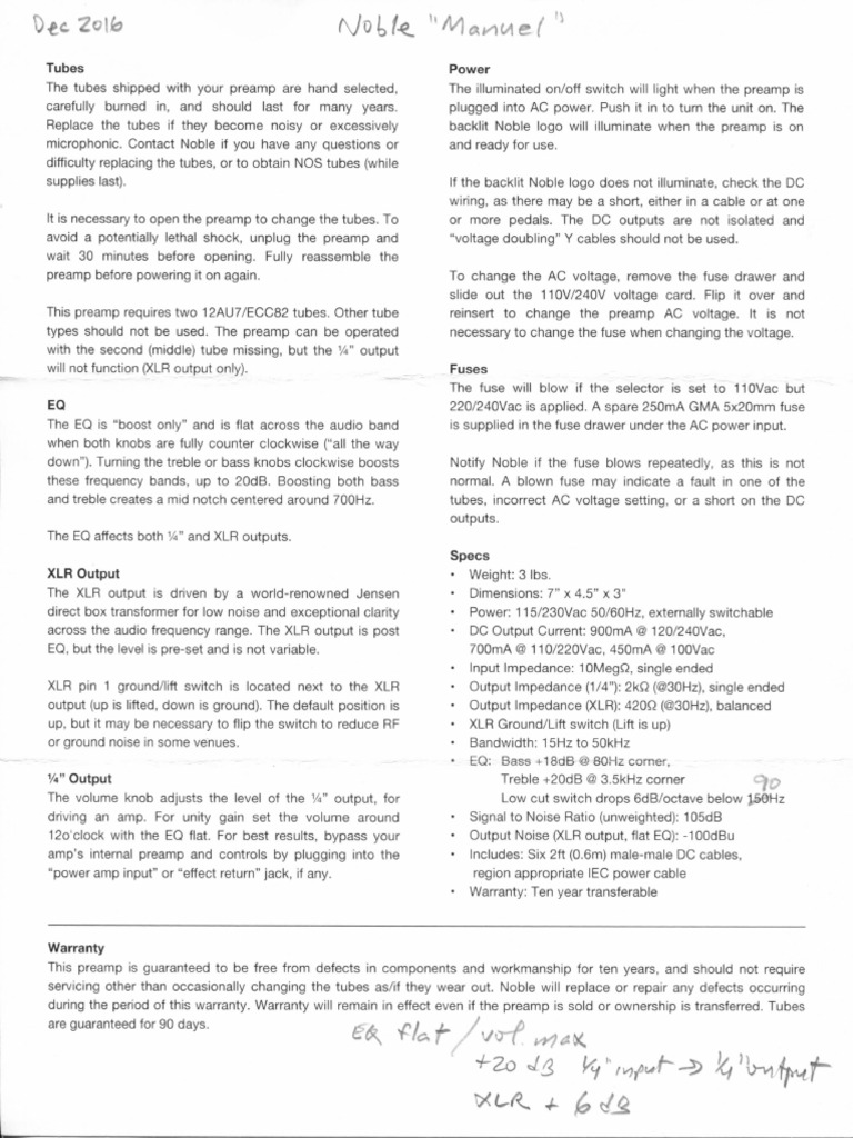 Noble Preamp Manual | PDF