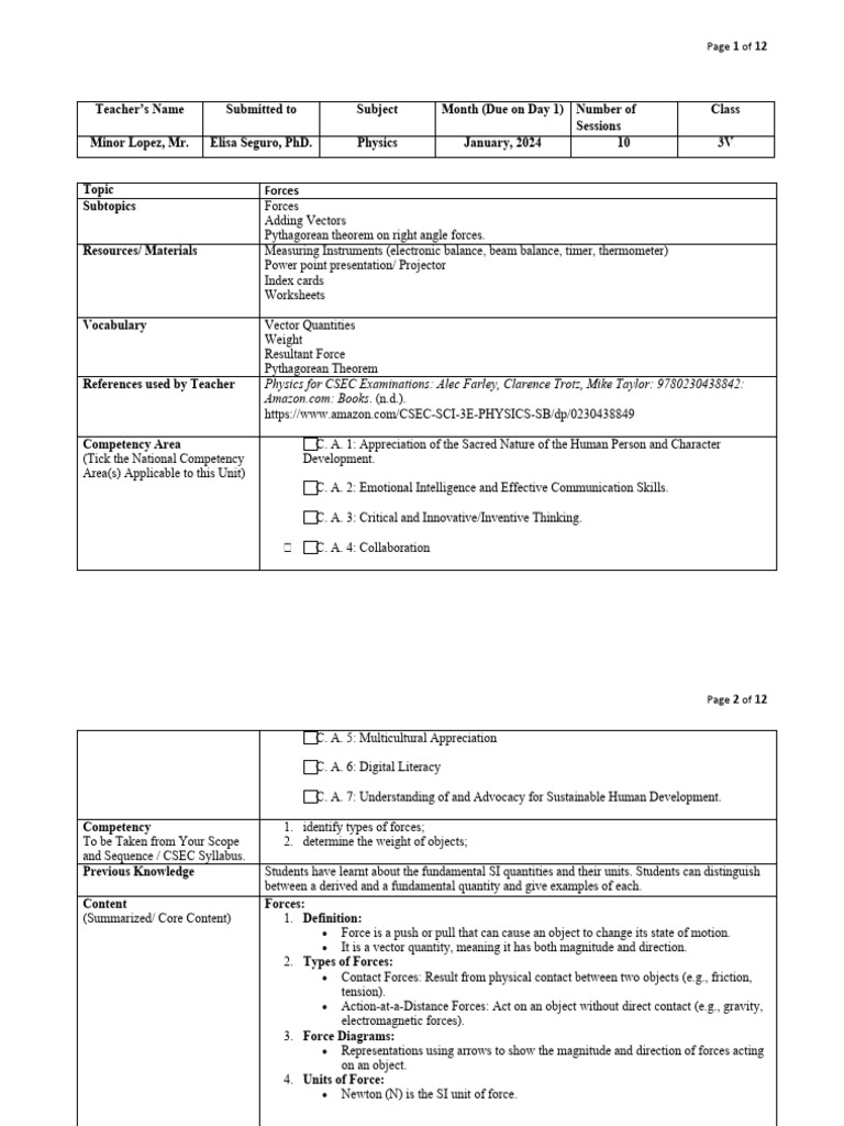 3V Physics - Lesson Plan - Jan - Lopez | PDF | Euclidean Vector | Force