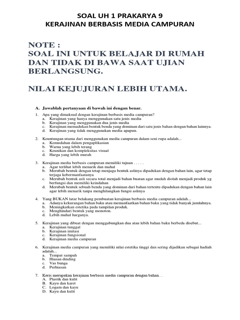 LATIHAN SOAL Prakarya 9 Genap - Kerajinan - Media - Campuran (For Student) | PDF