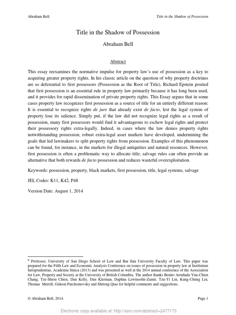 Bell, Abraham Title in the Shadow of Possession | PDF | Property | Black Market