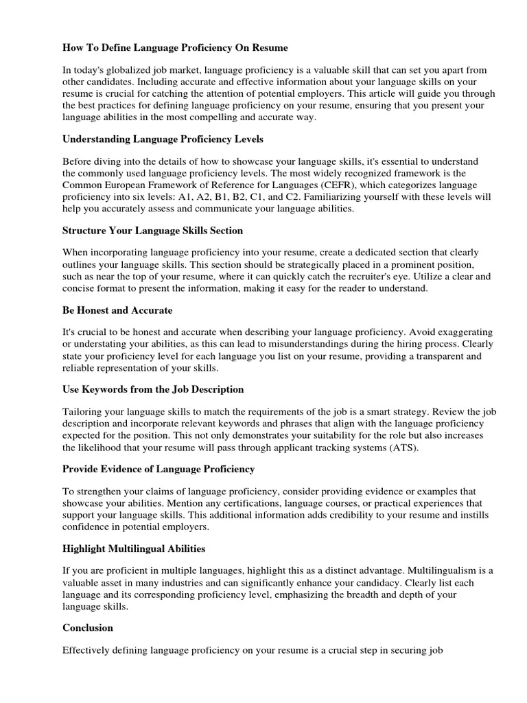 How To Define Language Proficiency On Resume | PDF