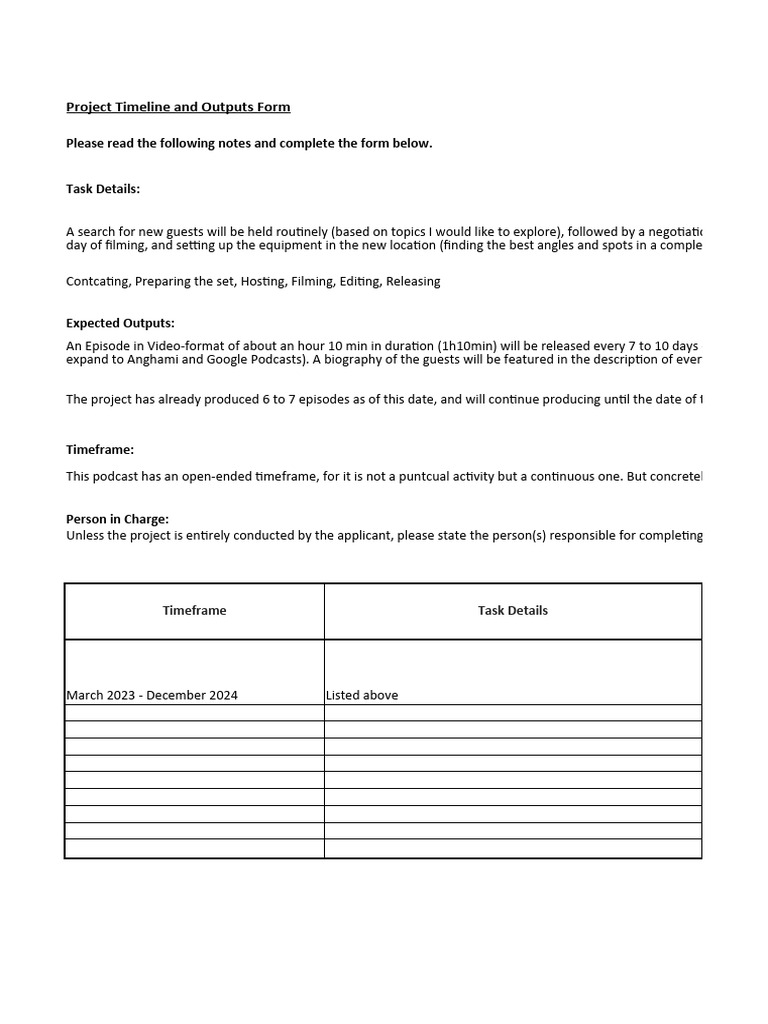 Project Timeline and Outputs Form: Please Read The Following Notes and ...