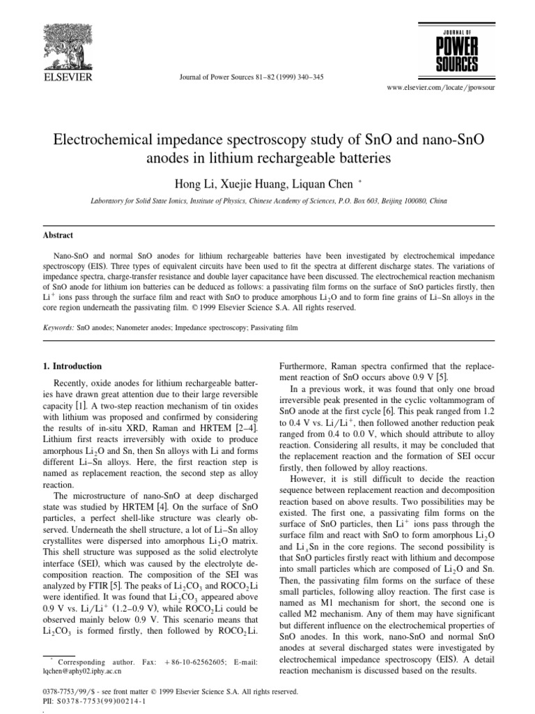 Electrochemical Impedance Spectroscopy Study of SnO and nano-SnO | PDF | Lithium Ion Battery ...