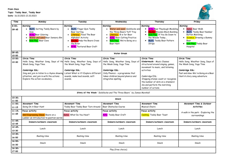 Teddy Bear Activities Week Plan | PDF | Phonics | Cognition