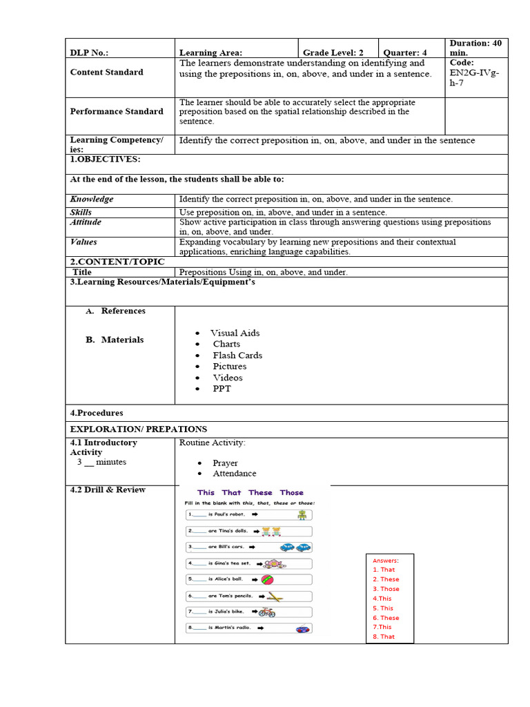 Lesson Plan in English - Prepositions (In, On, Above, Under) | PDF ...