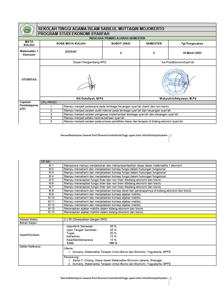 Rps Matematika 1 Ekonomi | PDF