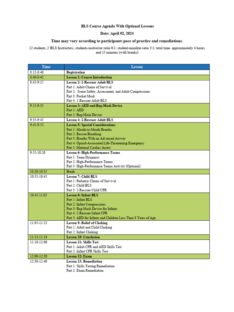BLS Course Agenda with Optional Lessons | PDF | Cardiopulmonary ...
