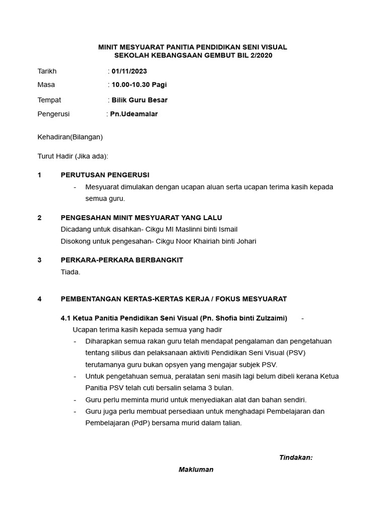 Minit Mesyuarat Panitia Pendidikan Seni Visual Bil 2 | PDF