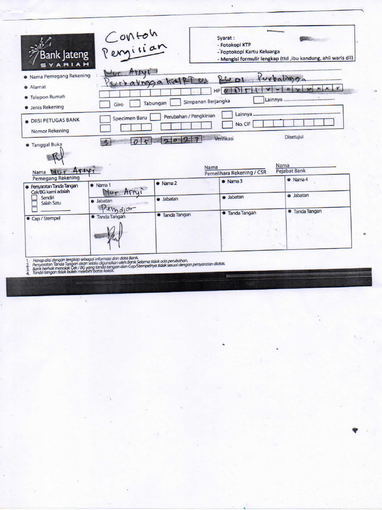 Contoh Pengisian Formulir Bank Jateng Syariah105 | PDF