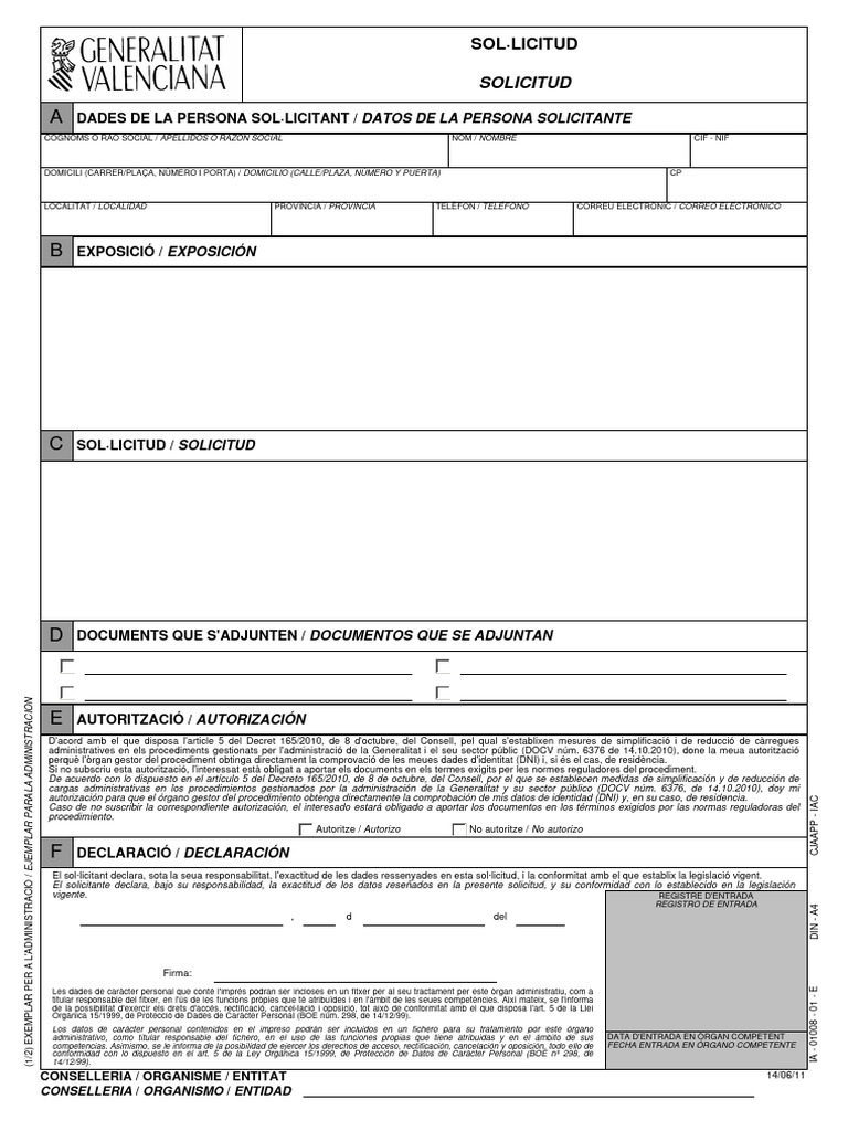 Generalitat Valenciana - Modelo - Solicitud - General | PDF