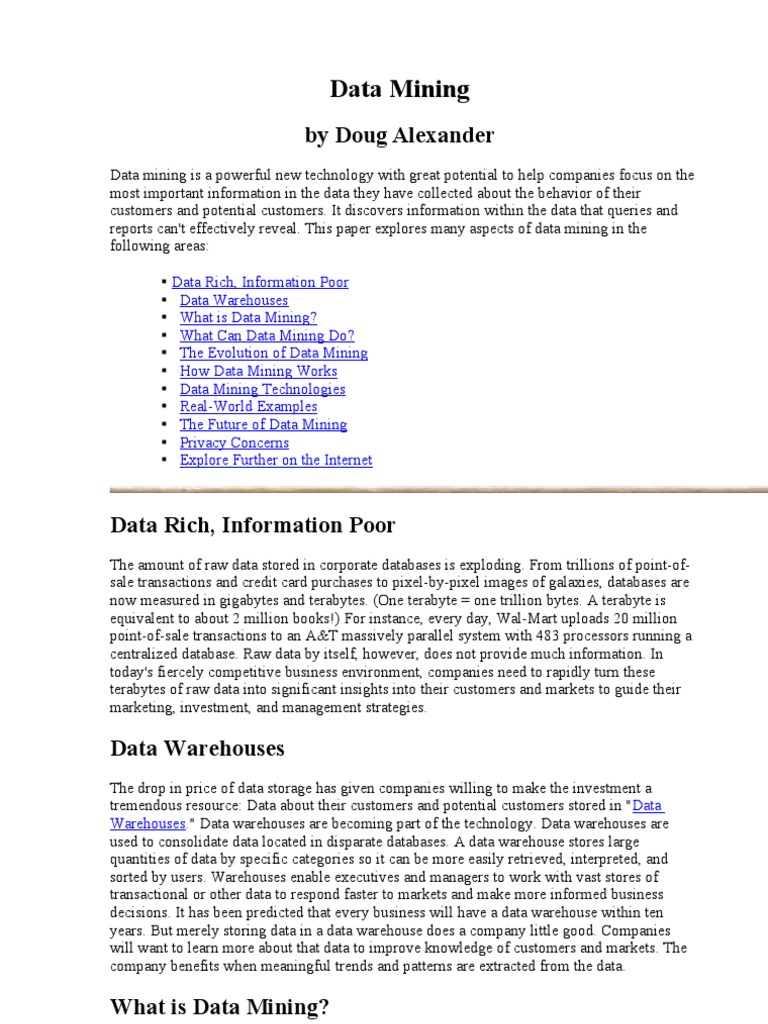 Data Mining: by Doug Alexander | PDF | Data Mining | Data Warehouse