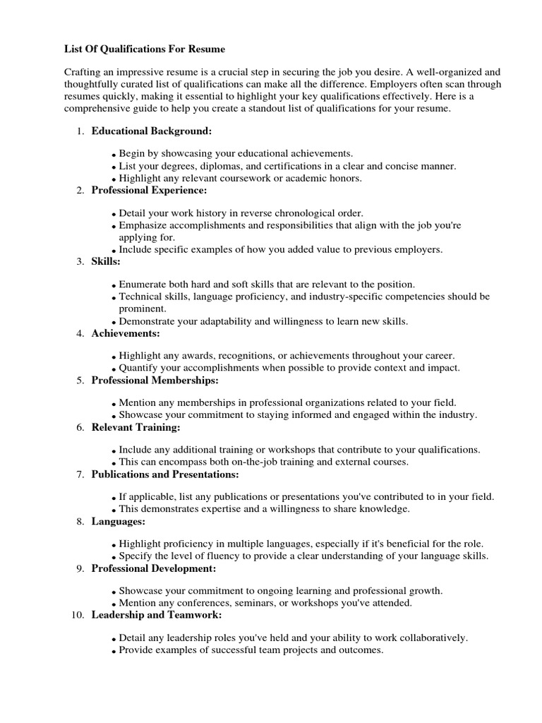 List of Qualifications For Resume | PDF | Résumé