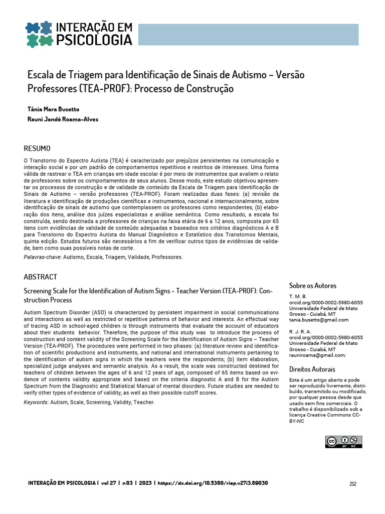Escala de Triagem para Sinais de Autismo | PDF | Espectro do autismo ...