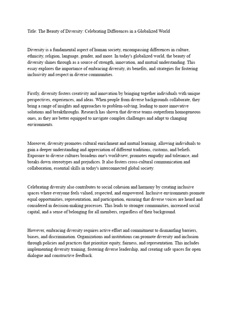 The Beauty of Diversity Celebrating Differences in a Globalized World | PDF | Diversity ...