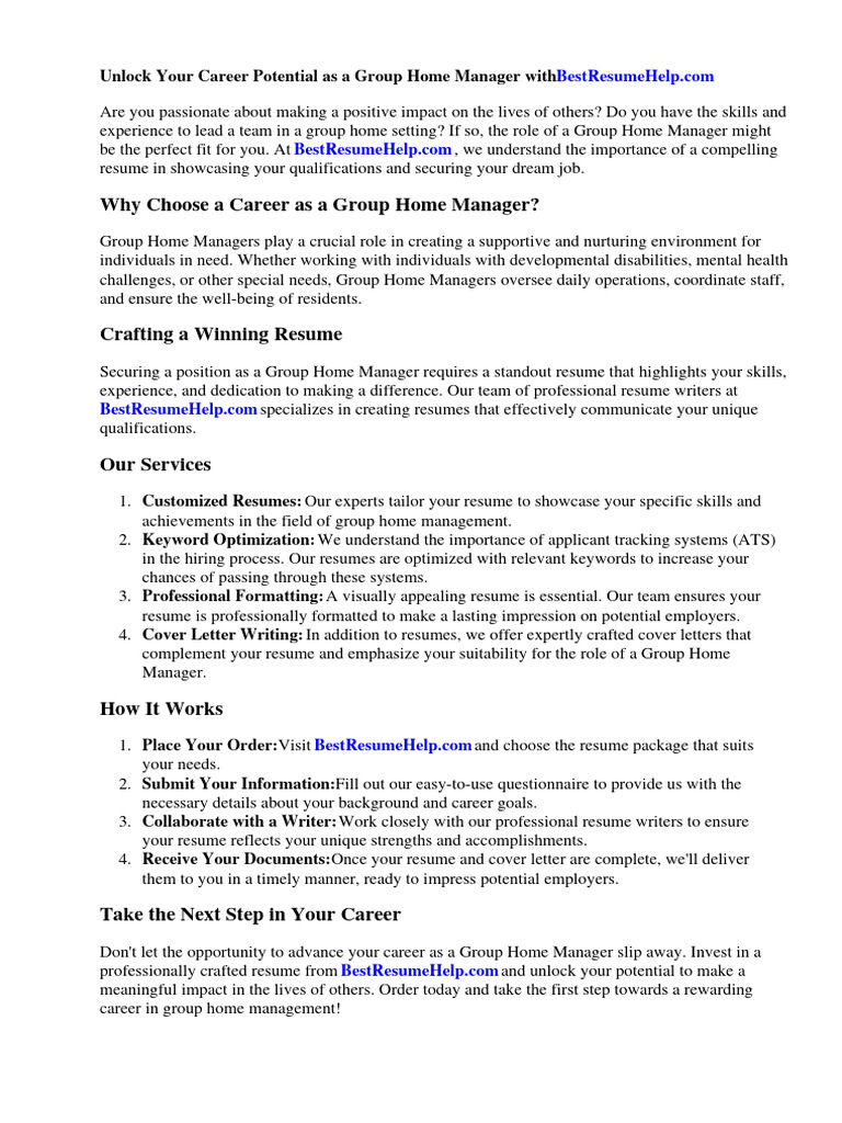 Group Home Manager Cover Letter | PDF | Résumé