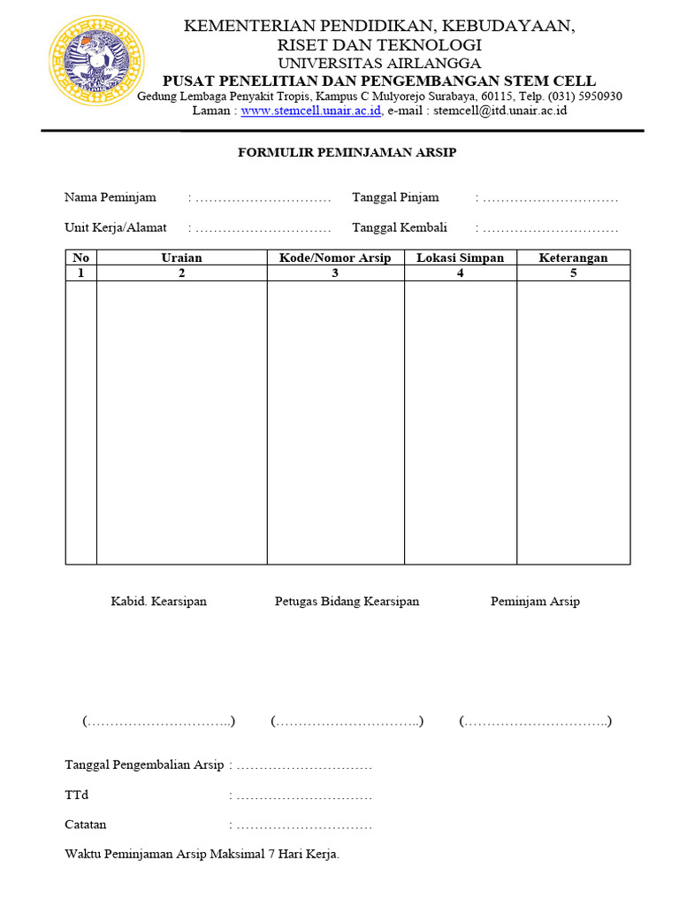 Formulir Peminjaman Arsip Universitas | PDF