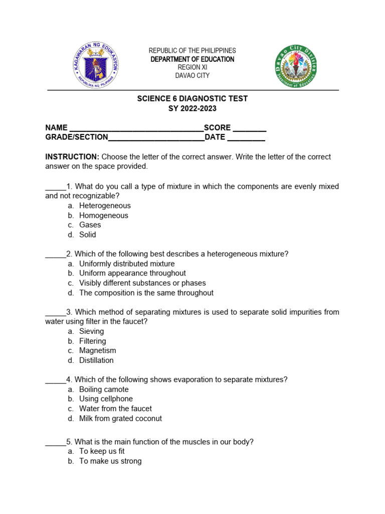 Science 6 Diagnostic Test with Answer Key | PDF | Planets | Solar System