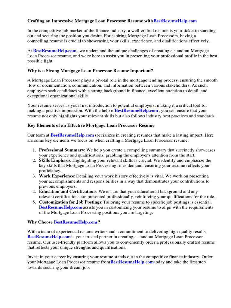 Mortgage Loan Processor Resume | PDF | Loans | Underwriting