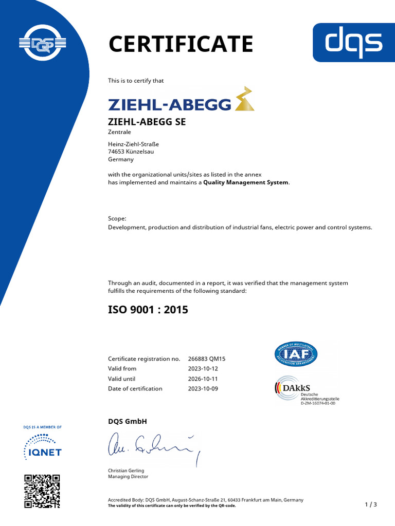 ISO 9001:2015 Certificate for Ziehl-Abegg | PDF | Iso 9000 | Systems ...