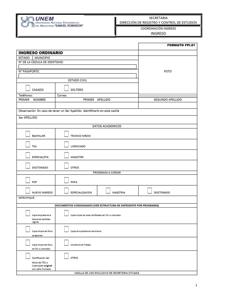 FORMA DE INGRESO | PDF | Documento de identidad | Gobierno y personalidad