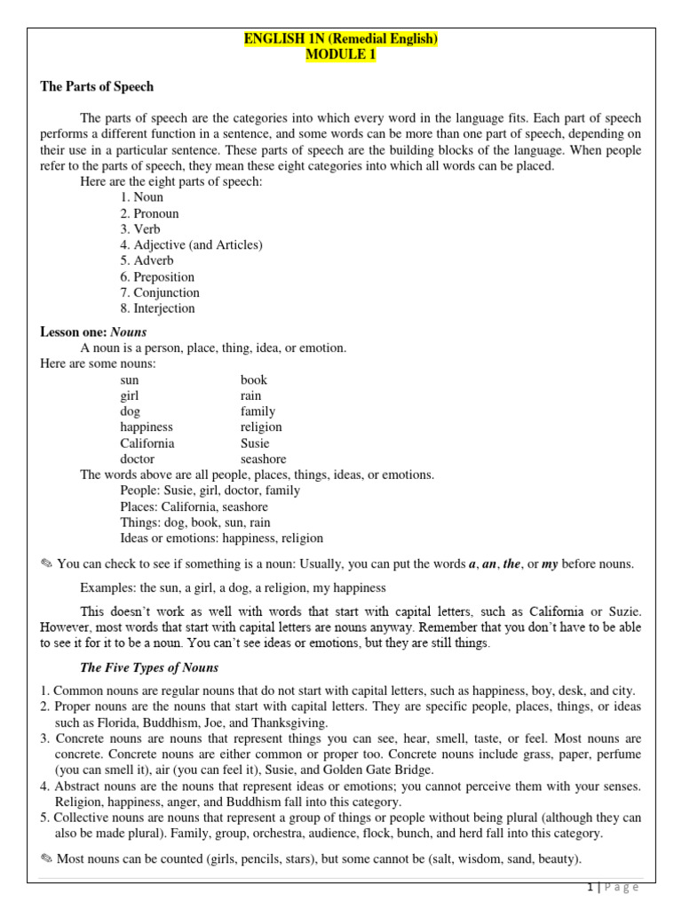 ENGLISH 1N (Remedial English) The Parts of Speech | PDF | Adjective ...
