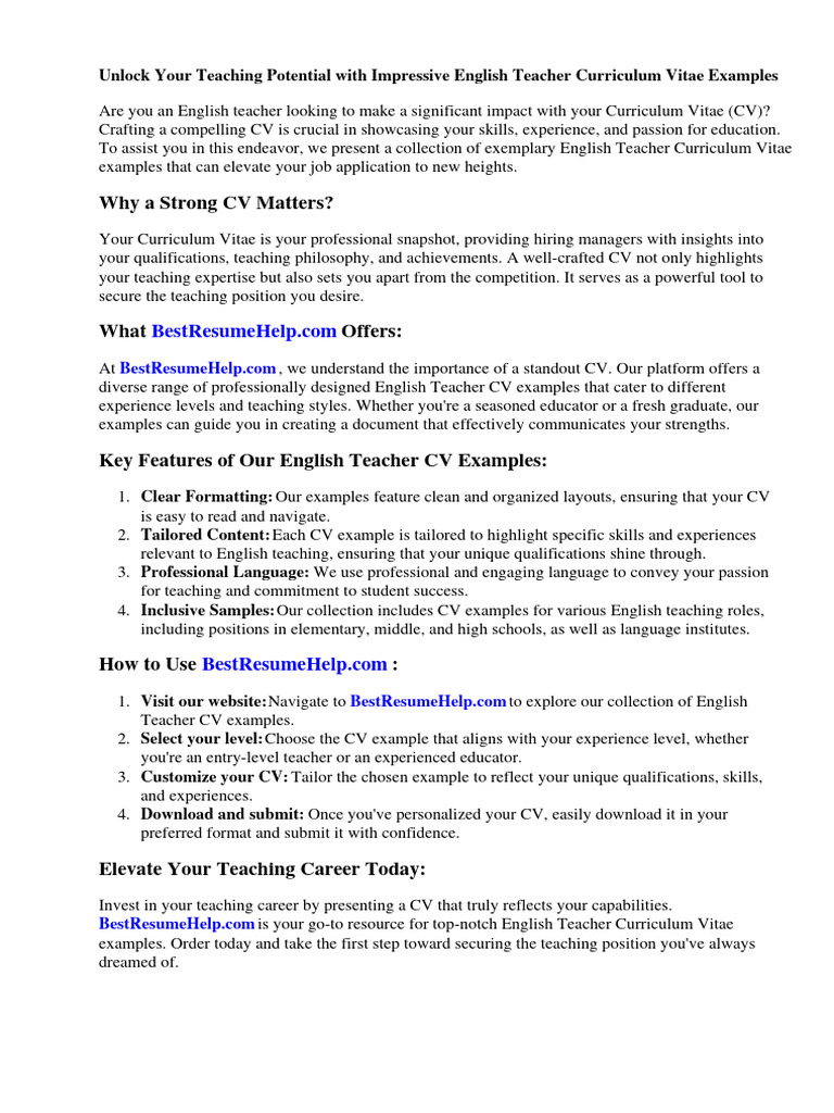 Examples Curriculum Vitae English Teacher | PDF | Résumé | Teachers