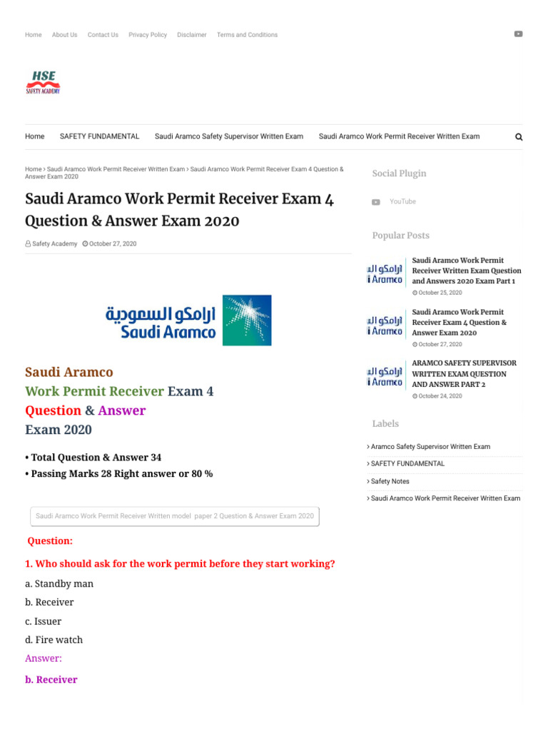 Saudi Aramco Work Permit Receiver Exam 4 Question & Answer Exam 2020 ...