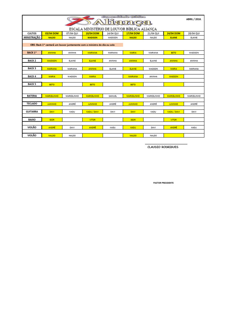 Planilha Escala Do Louvor Cba - 2016 | PDF