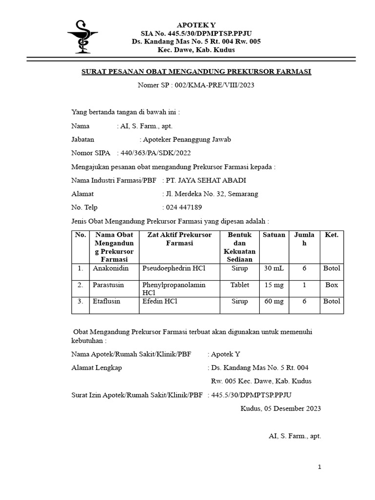 Surat Pesanan Obat Mengandung Prekursor Farmasi | PDF