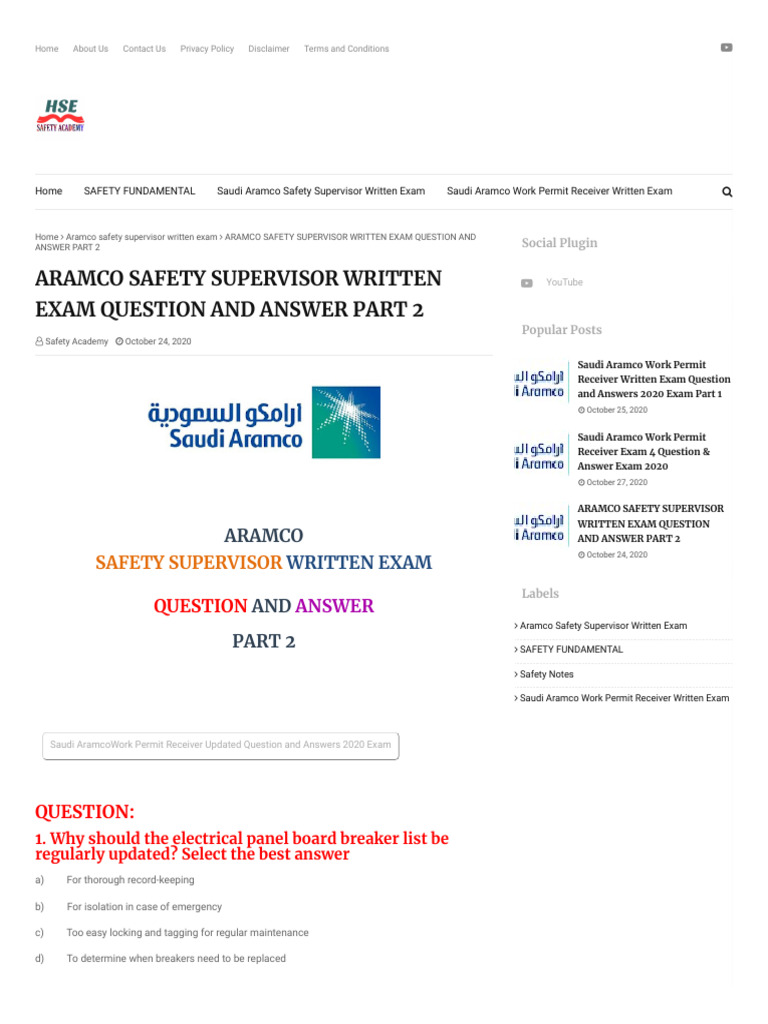 Aramco Safety Supervisor Written Exam Question and Answer Part 2 | PDF ...