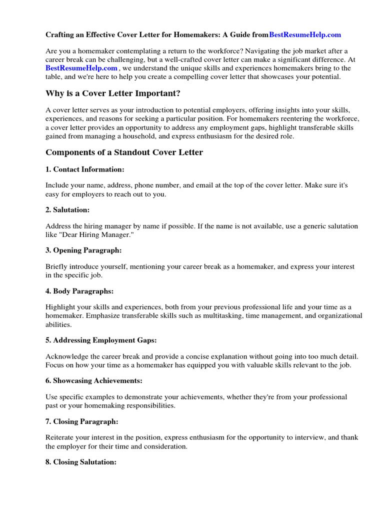 Sample Cover Letter For Homemaker Returning To Work | PDF | Résumé ...