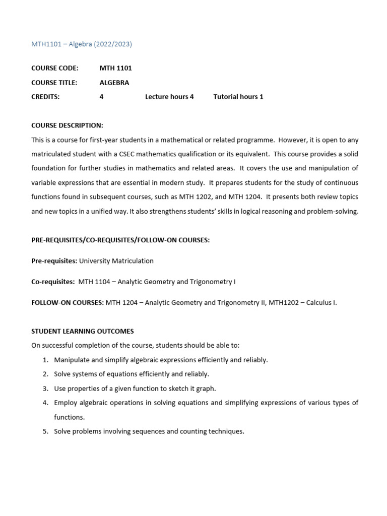 Mth1101 Course Outline 2022 2023 Pdf 