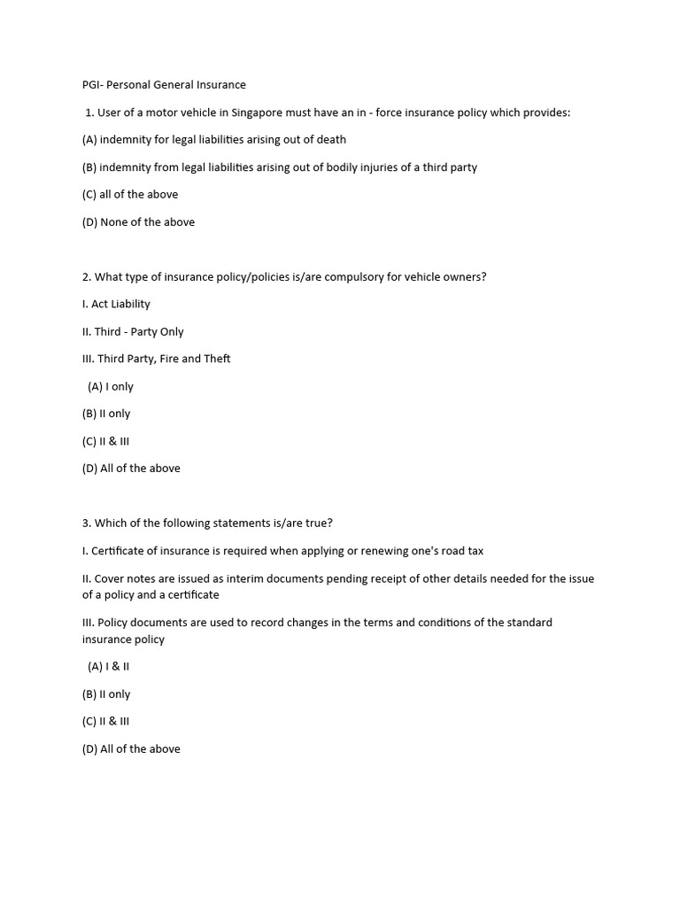 PGI Sample Question | PDF | Insurance | Vehicle Insurance