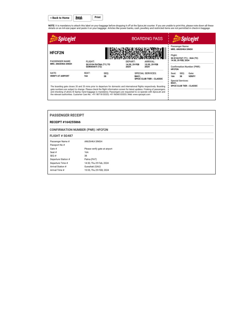 Ticket Spicejet PDF | PDF