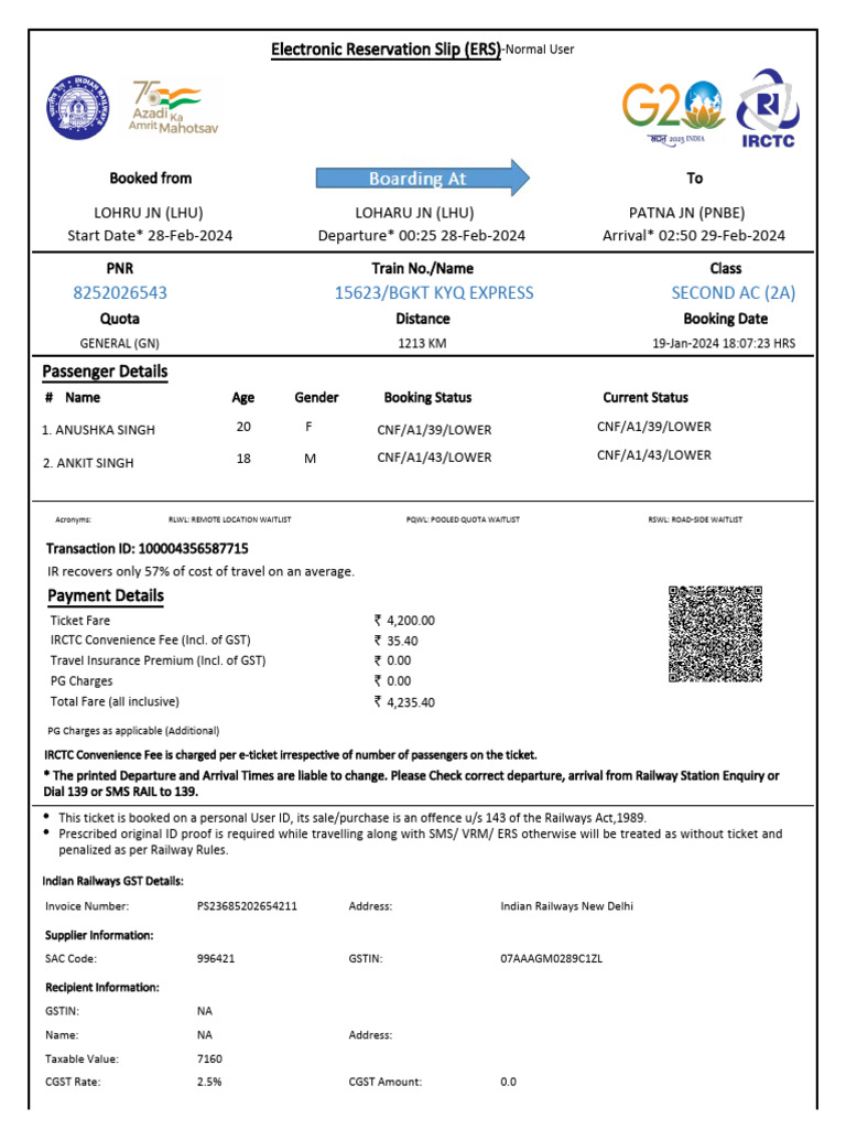 Second Ac (2A) 8252026543 15623/Bgkt Kyq Express | PDF | Identity ...