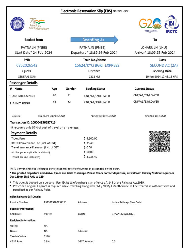 Second Ac (2A) 15624/kyq BGKT Express 6852026542 | PDF | Identity Document