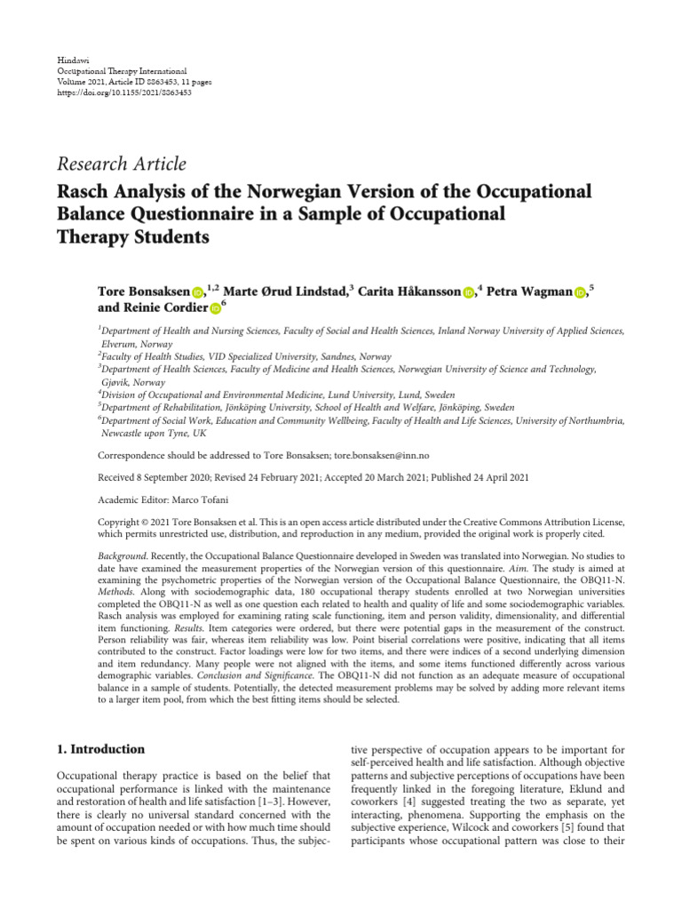 Rasch Analysis of The Norwegian Version of The Occupational Balance Questionnaire in A Sample of ...