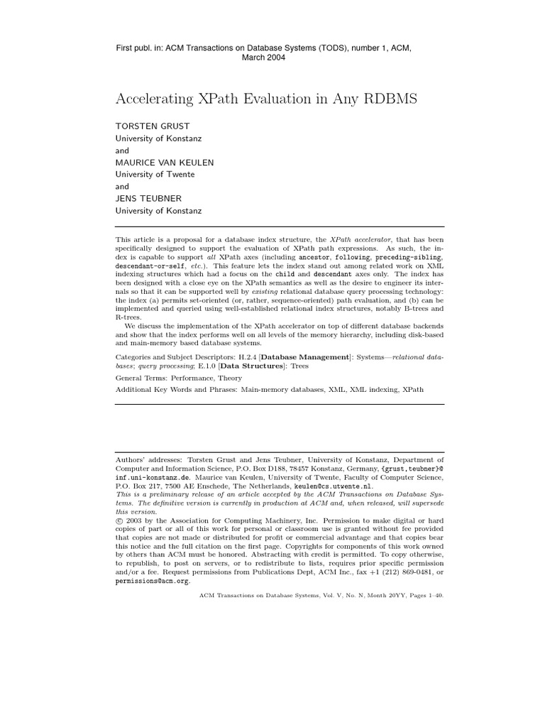 Accelerating Xpath Evaluation In Any Rdbms Pdf X Path Databases
