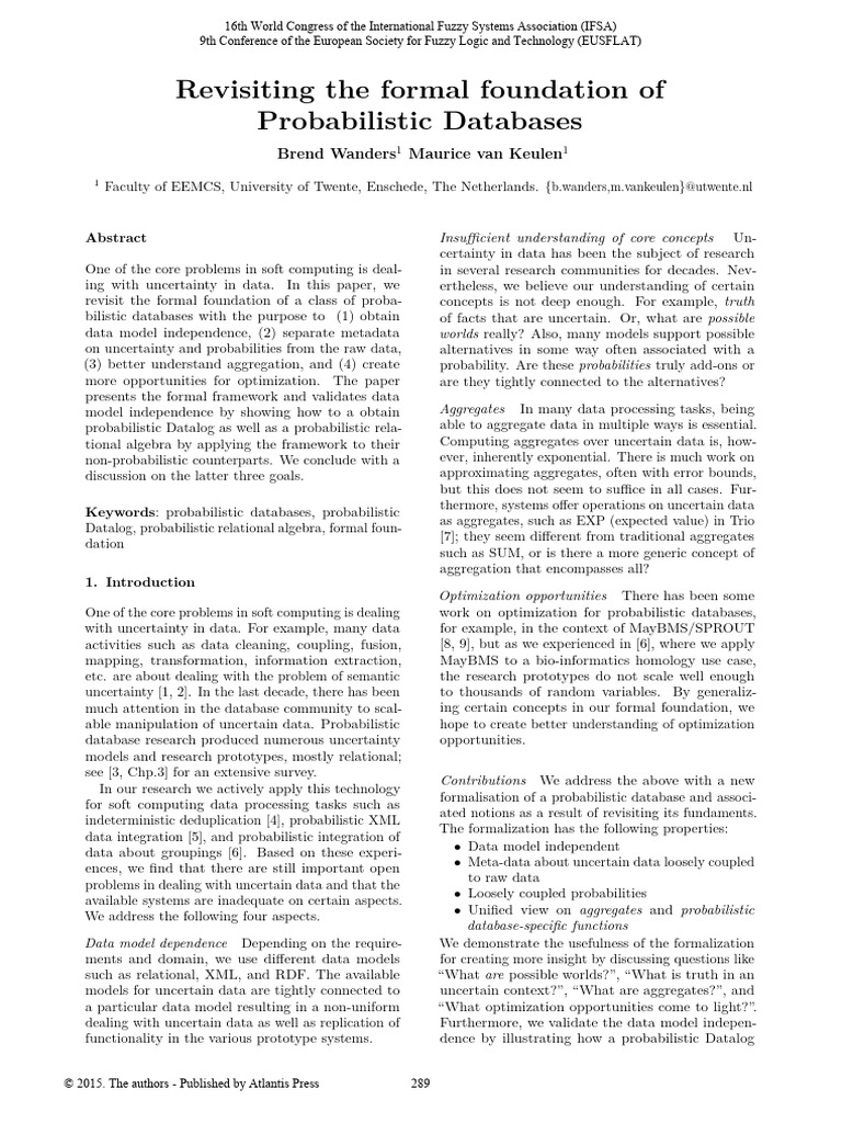 Revisiting The Formal Foundation of Probabilistic Databases | PDF | Relational Model | Databases