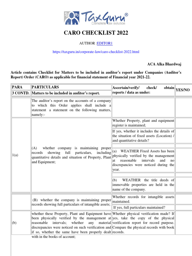 CARO Checklist 2022 - Taxguru - in | PDF | Loans | Audit