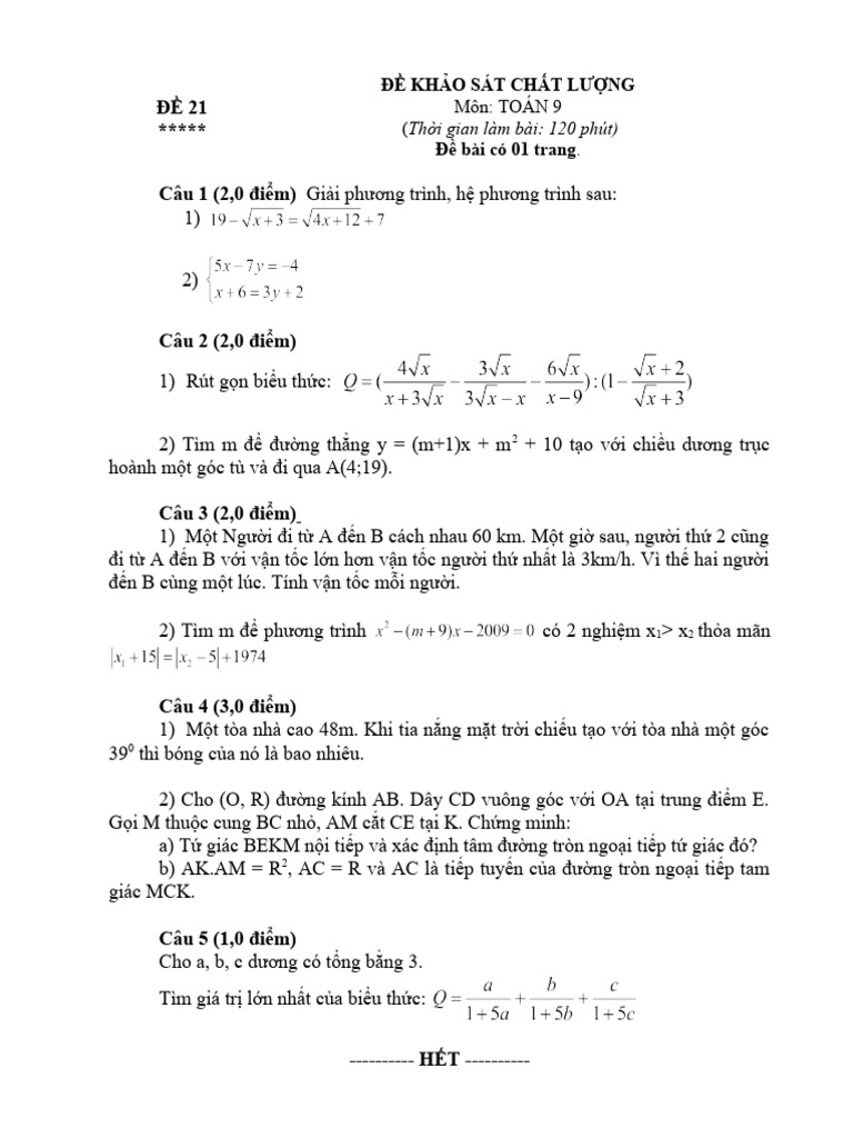 KSCL Toán 9. Đề 21 | PDF
